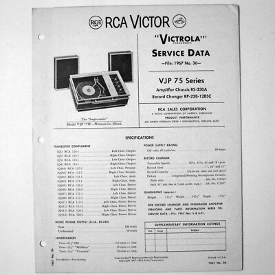 RCA ® Models VJP 75 RS-230A Series Record Changer Service Manual © 1967 ...