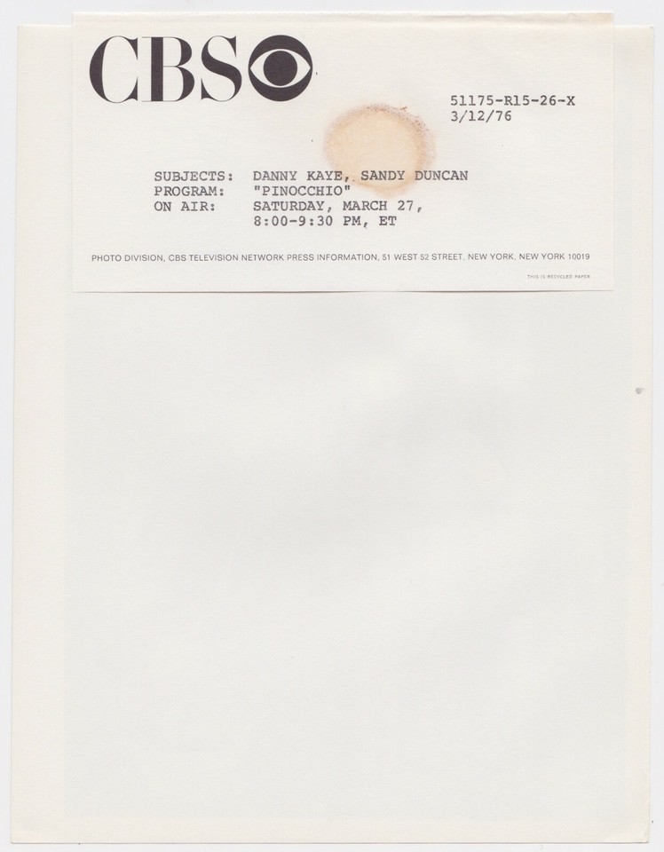 PINOCCHIO 1976 ORIGINAL 7"X9" CBS PHOTO FEATURING DANNY KAYE AND SANDY ...