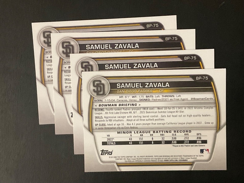 Samuel Zavala 2023 Bowman Lot x4 San Diego Padres Prospect BP-75 | eBay