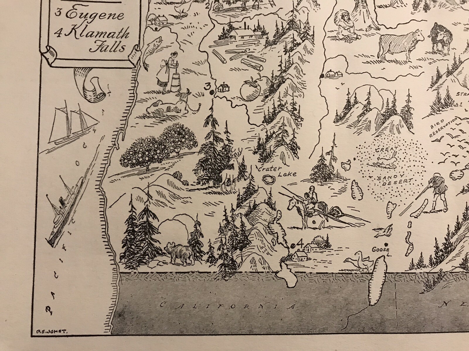 1950s OREGON CARTOON PICTORIAL MAP PORTLAND SALEM EUGENE CRATER LAKE | eBay