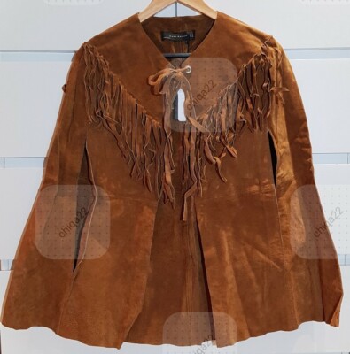 ZARA Suede Leather Tassel Fringe Poncho Cape Sz M Open Tobacco Rust ...