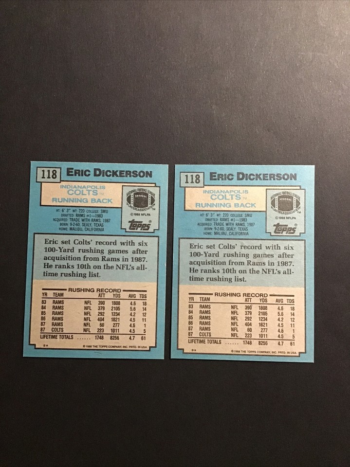 1988 Topps Football ALL PRO #118 Eric Dickerson - 2 CARDS - NM-MINT ...