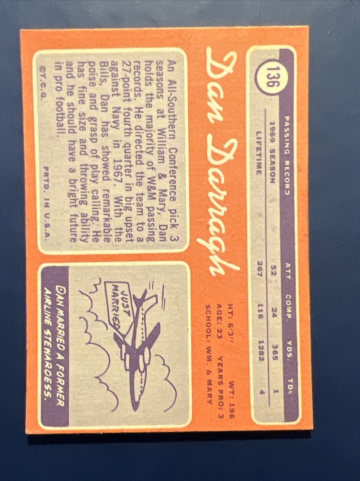 1970 Topps Football #136 EX-NM Dan Darragh Buffalo Bills card | eBay