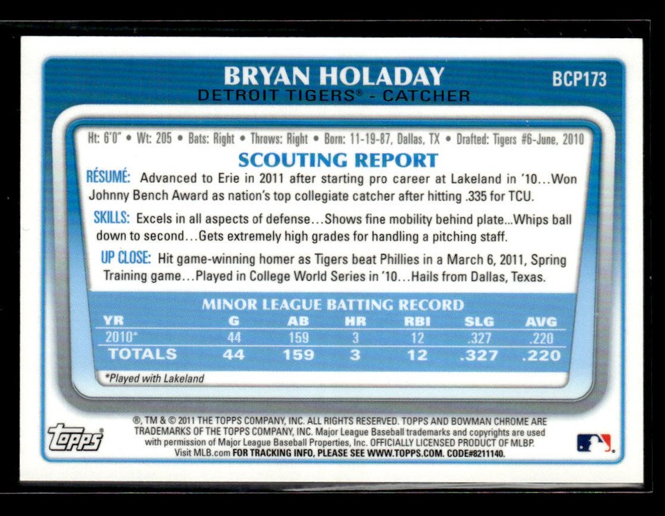 2011 Bowman Chrome Prospect Autographs #BCP173 Bryan Holaday | eBay