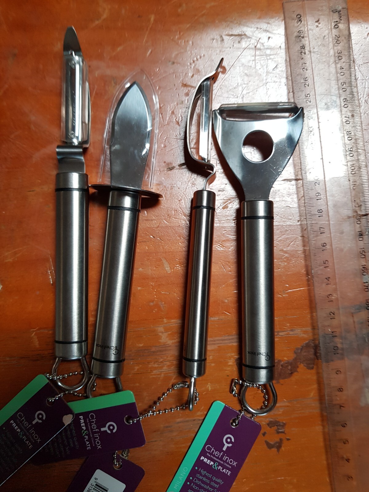 4 CHEF INOX SS kitchen tools: swivel thumb & Y-shape peelers+Oyster ...