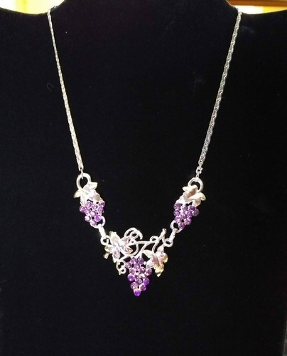 VTG Grapevine Purple Rhinestone choker necklace silver tone Grapes C ...