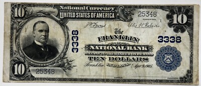 Nice 1902 $10 Plain Back National Currency Bank Note CH 3338 Franklin ...