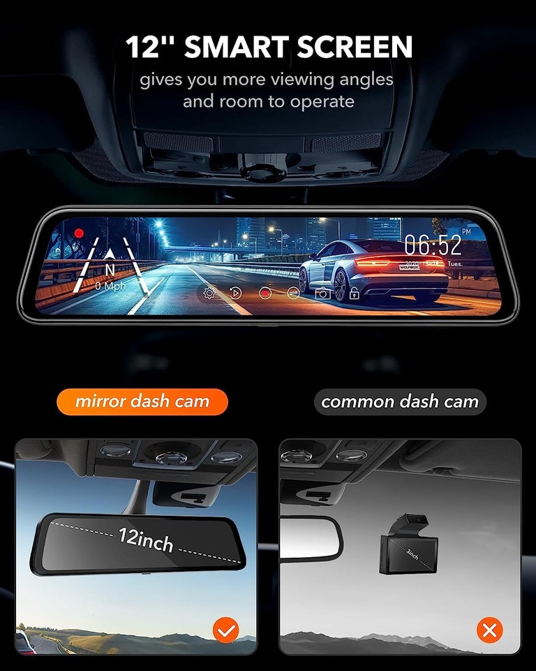 LARGER 12" 4K UHD Split Screen Mirror Dash Cam Camera 1080P Rear View ...