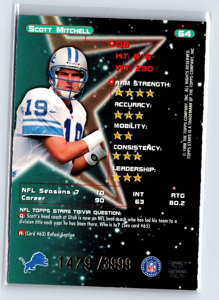 1998 Topps Stars Scott Mitchell Silver #64 Detroit Lions /3999 | eBay