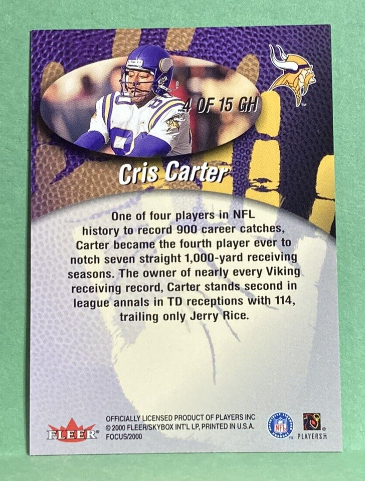 2000 Fleer Focus CRIS CARTER Good Hands Card #4GH Vikings | eBay
