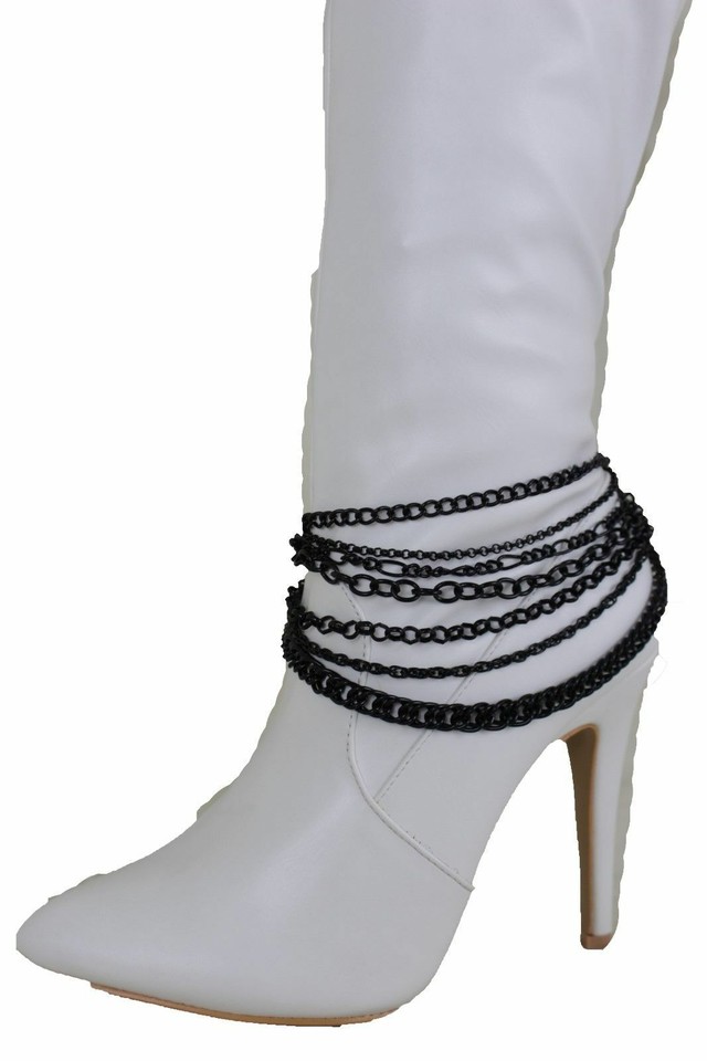 Women Western Boot Black Metal Chain Wrap Around Shoe Bracelet Bling ...