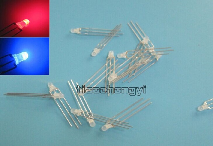 100pcs x 3mm Dual Bi-Color Red/Blue Diffused Bright 3-Pin Led Common ...