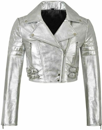 Womens Metallic Silver Short Body Cropped Motorcycle Foiled Leather ...
