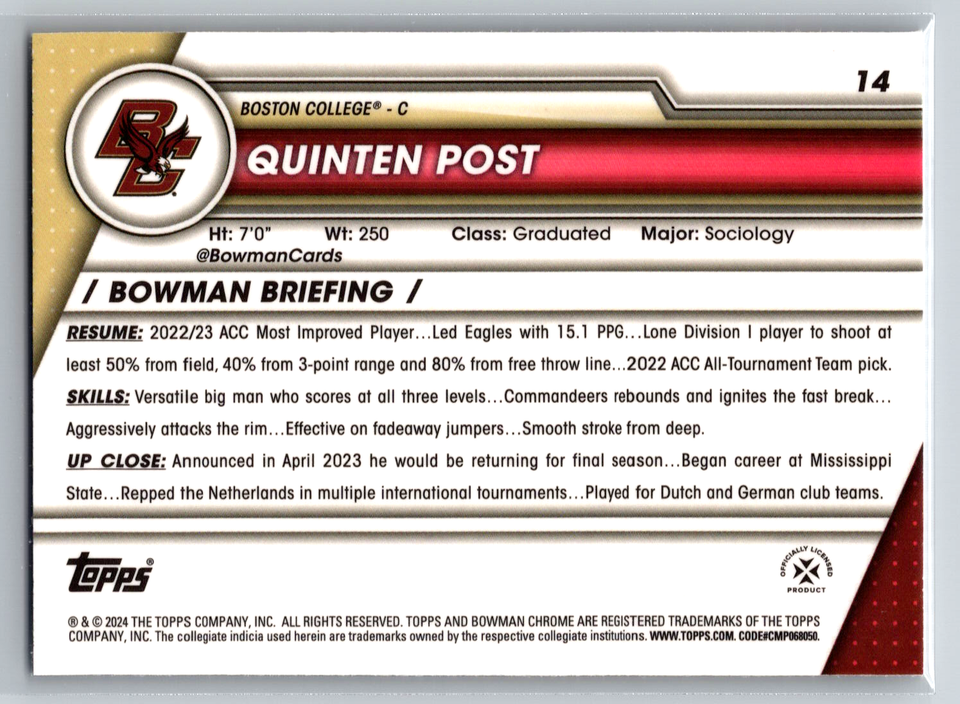 Quinten Post 2023-24 Bowman Chrome University Sapphire 1st #14 Boston ...
