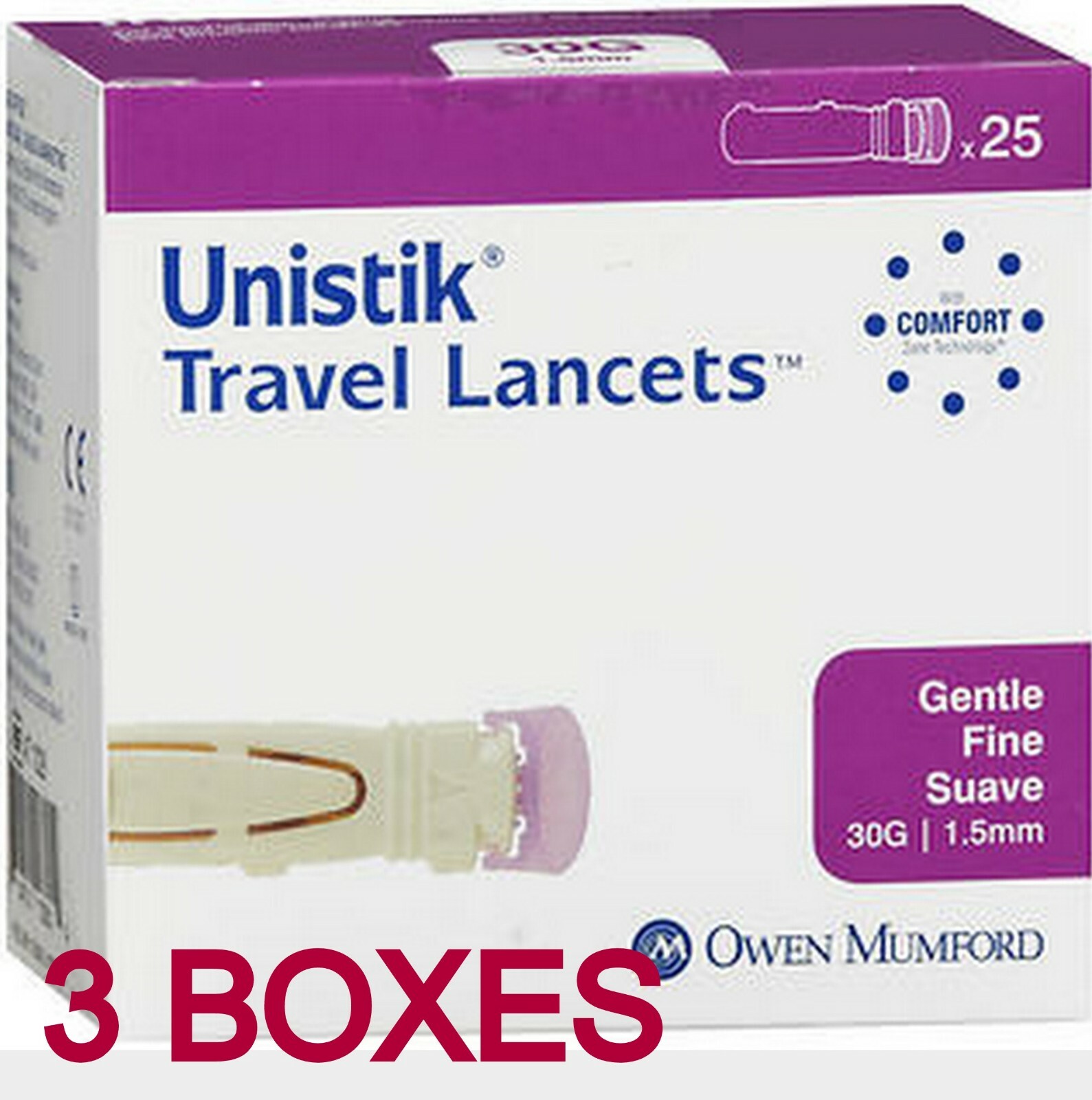 Unistik 3 Gentle Fine 30G Thin SAFETY LANCET DEVICE 25ct box ( 3 pack ...