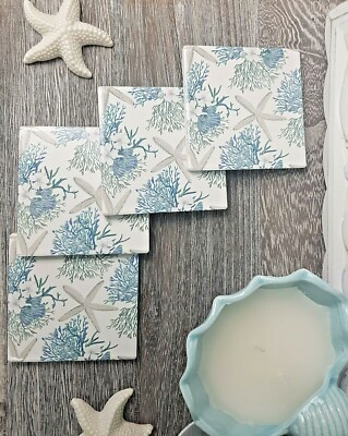 Coaster 4 set Hamptons Blue White Starfish Coastal Sea Beach Ceramic ...