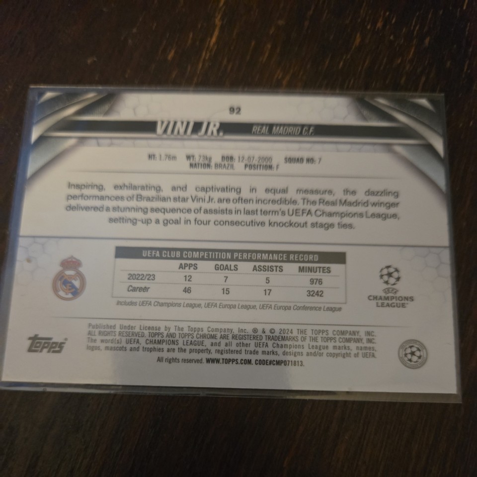 Vini Jr Real Madrid Topps Chrome Champions League Refractor Card | eBay