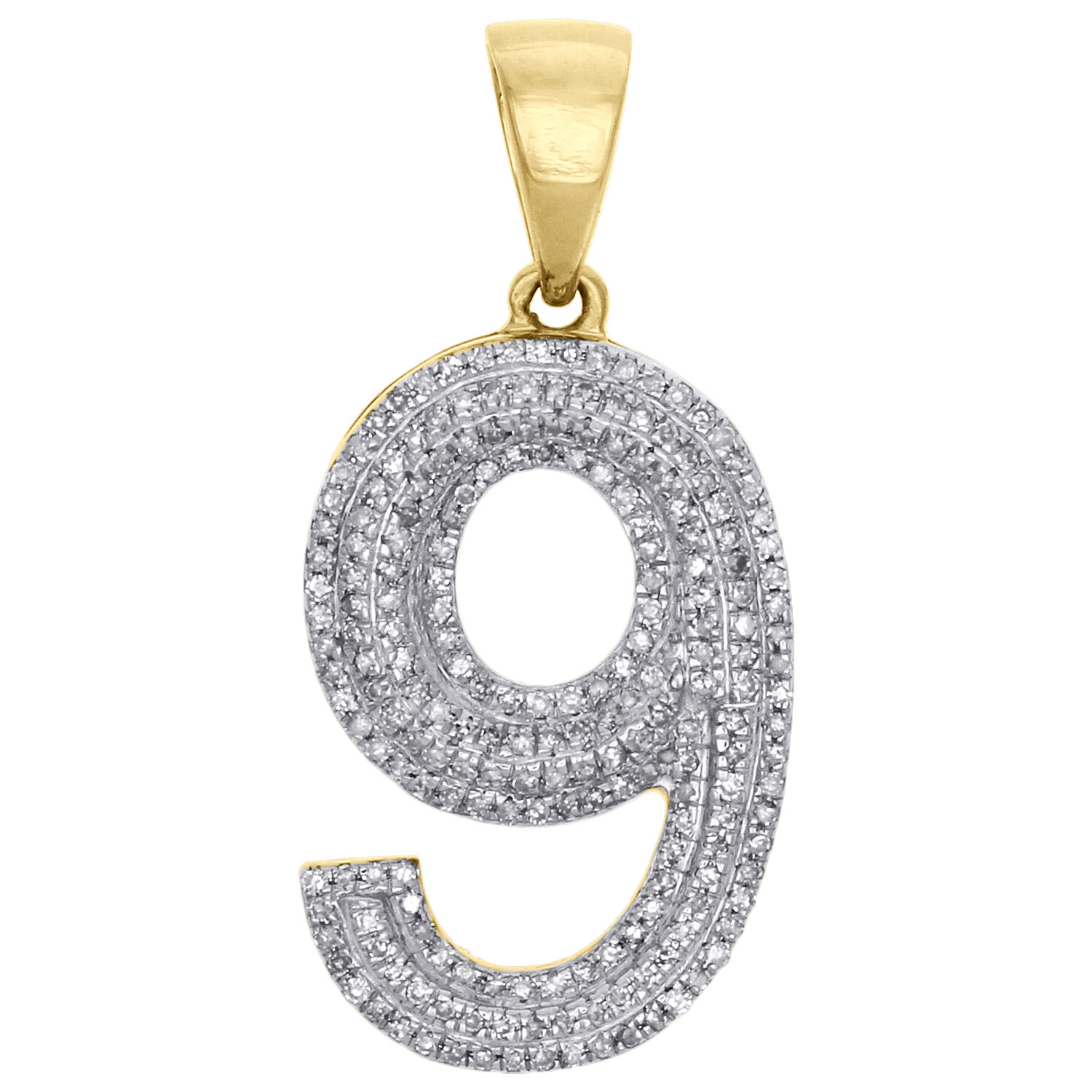 10K Yellow Gold Round Diamond Number 9 Bubble Pendant Pave Dome Charm 0 ...