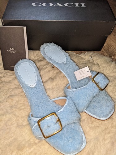 Coach Women's slip-on sandals Baby Blue Shearling Buckle Mule Heel 8.5 ...