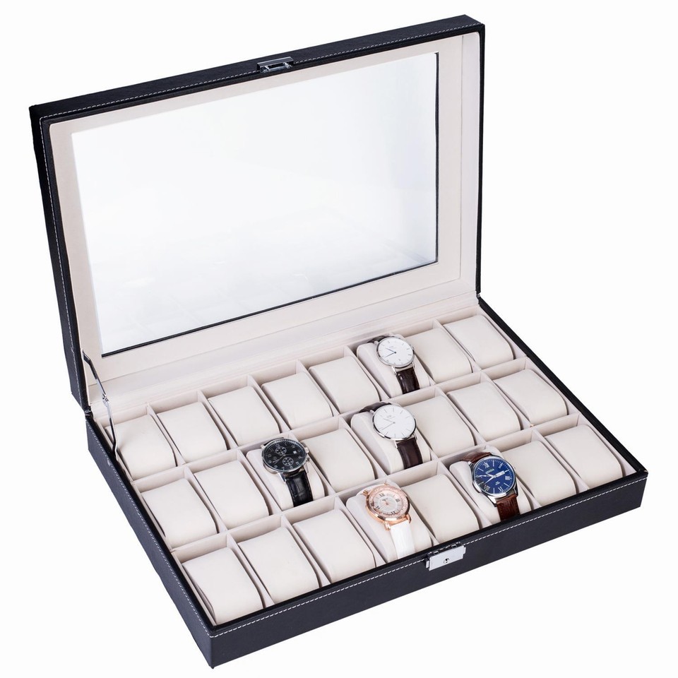 24 Slot Watch Box Leather Display Case Organizer Top Glass Storage | eBay