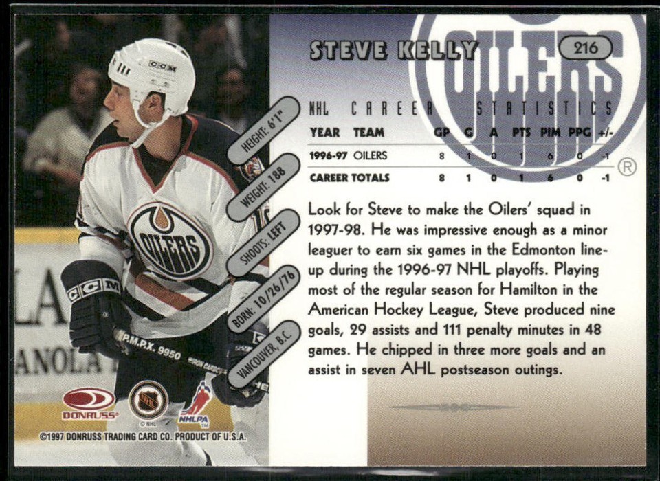 1997-98 Donruss #216 Steve Kelly Edmonton Oilers Rookie Hockey Card | eBay