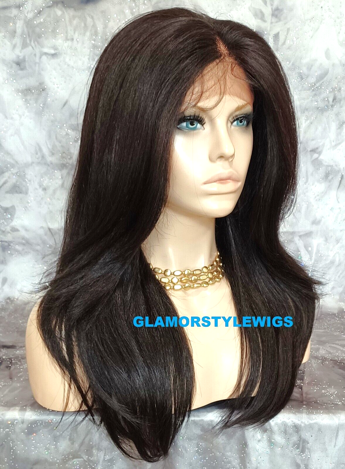 360 FREE PART HUMAN HAIR BLEND LACE FRONT WIG LONG OFF BLACK #1B HEAT ...