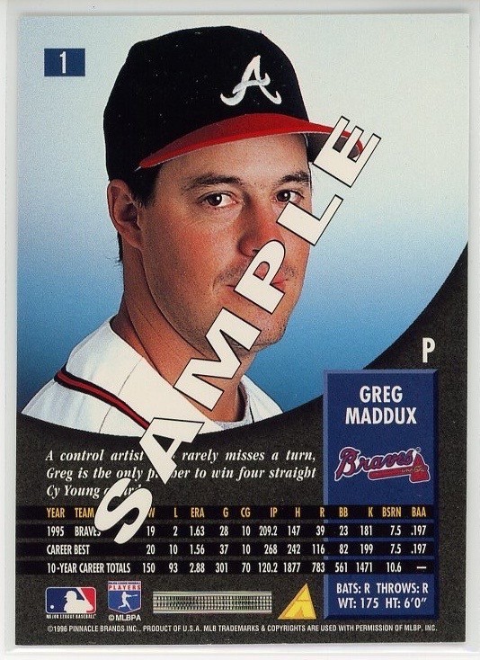 1996 Pinnacle #1 Greg Maddux Samples Atlanta Braves | eBay