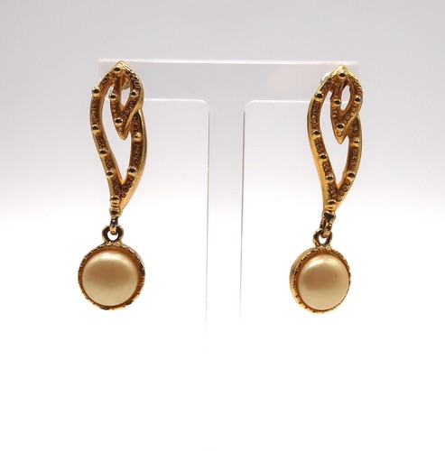 Vintage gold tone & faux pearl cabochon dangle post style earrings | eBay
