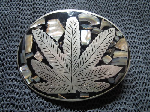 MARIJUANA POT WEED BUD LEAF ABALONE SHELL INLAY BELT BUCKLE! VINTAGE ...