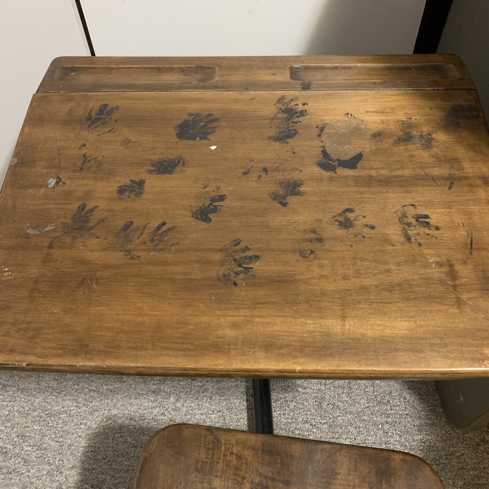 Vintage Child's School Desk Flip Top attached swivel seat Oak Wood Top ...