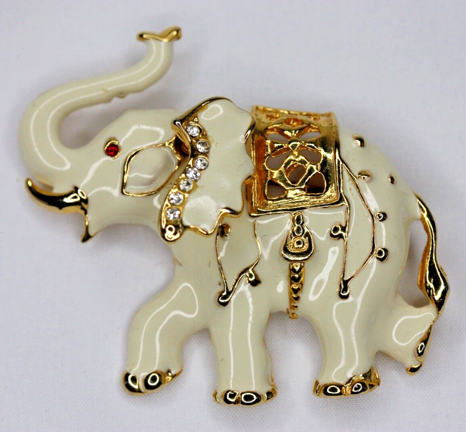 White Enamel & Gold Tone Rhinestone Elephant Brooch Ear Trembler Pin | eBay