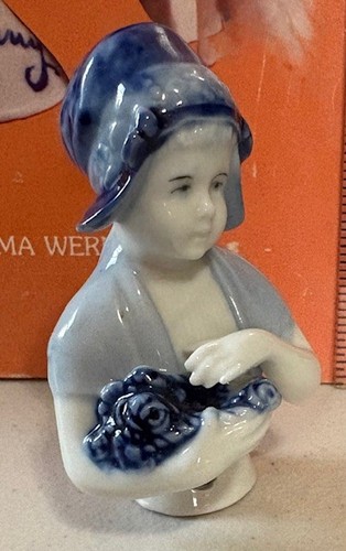 2.5 in. Antique German Delft Blue Pincushion Half 1/2 Doll Girl w ...