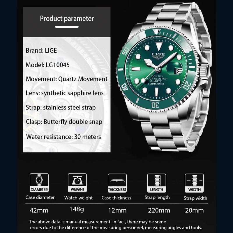 LIGE Mens Wristwatch Luxury Quartz Green Waterproof Sports Silver Watch ...