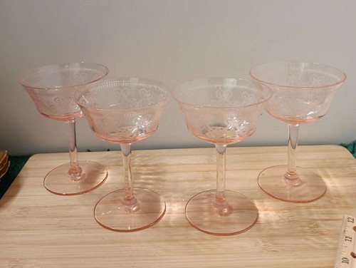 Set Of Four Antique Princess Pink Etched Depression Glass Champagne ...