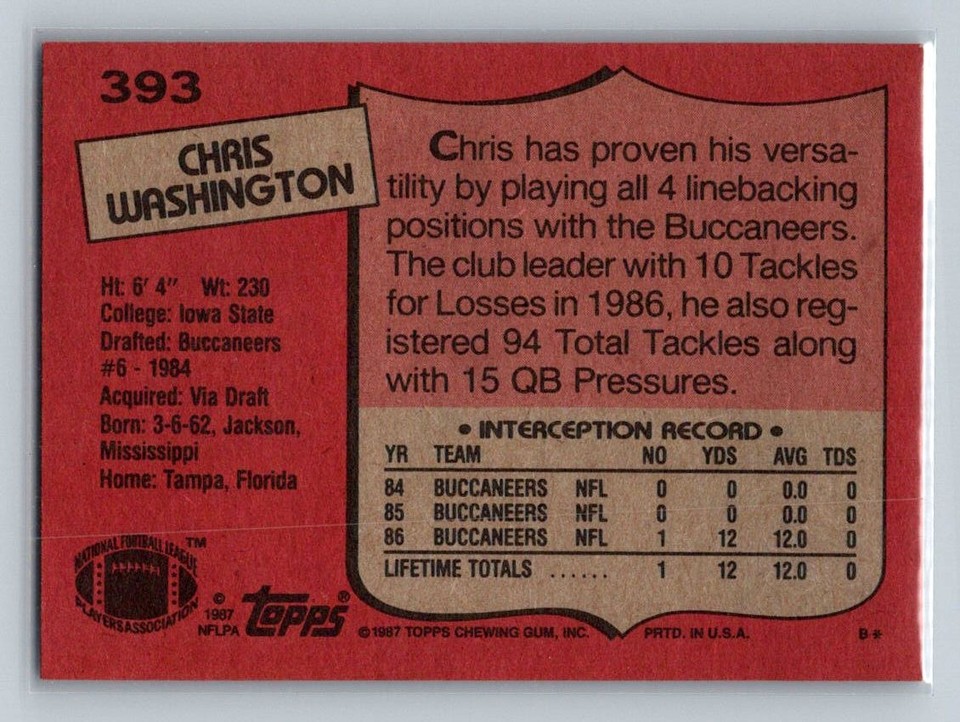 1987 Topps #393 Chris Washington Tampa Bay Buccaneers | eBay