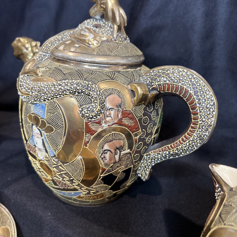Enchanting 11 Piece Japanese Satsuma Dragonware Tea Set Gold Detailing ...
