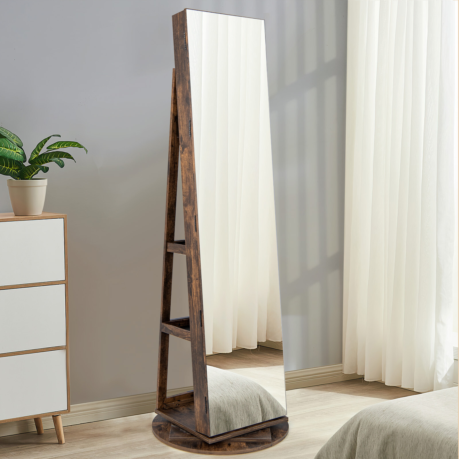 360° Rotating Mirrored Jewelry Cabinet Armoire 3 Color LED Modes ...