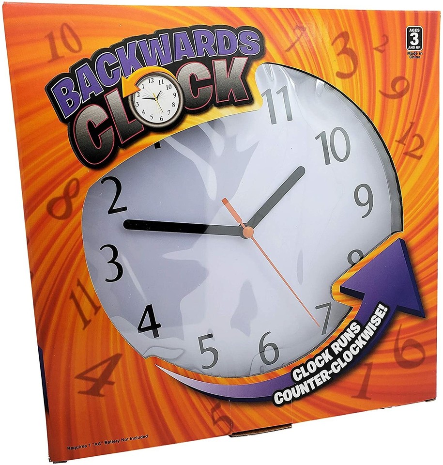 Backwards Wall Clock 9" Reverse Counter Clockwise Time - Gag Joke Prank ...