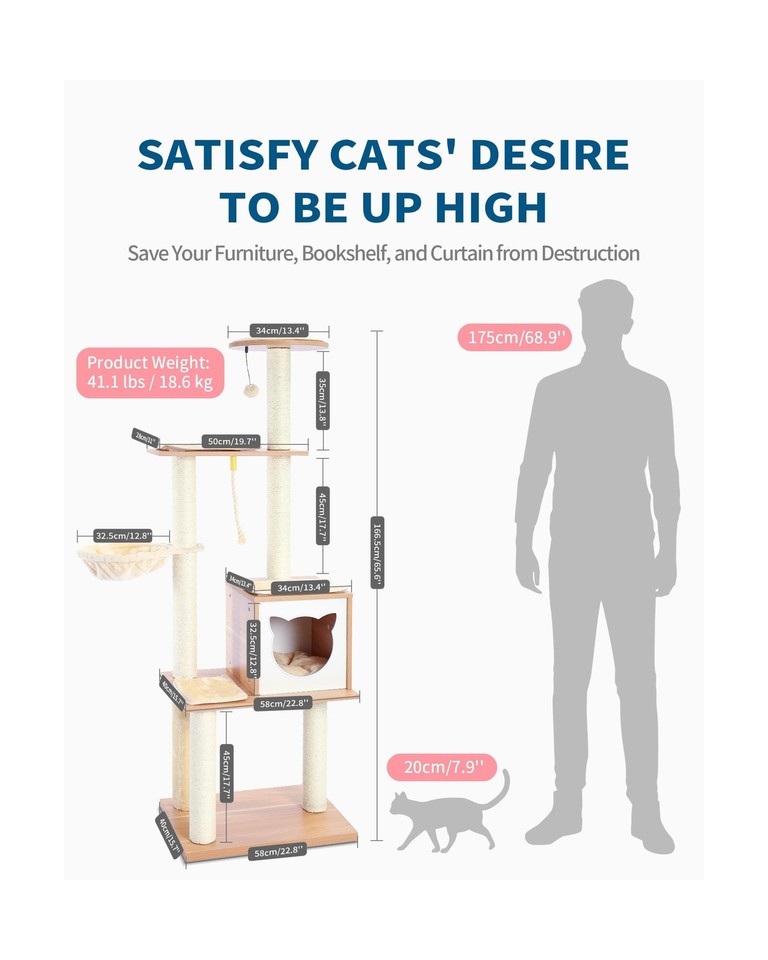 Made4Pets Cat Tree Cat Tower for Indoor Cats 65.6 Inches Modern Wood ...