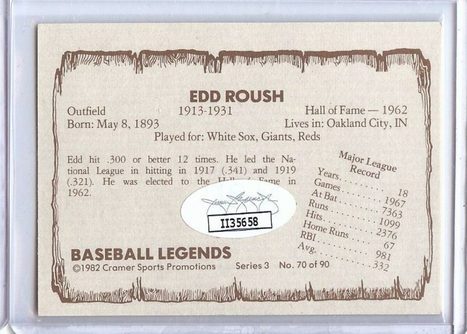 Edd Roush 1980 Pacific Legends Signed Autograph JSA II5658 White Sox ...