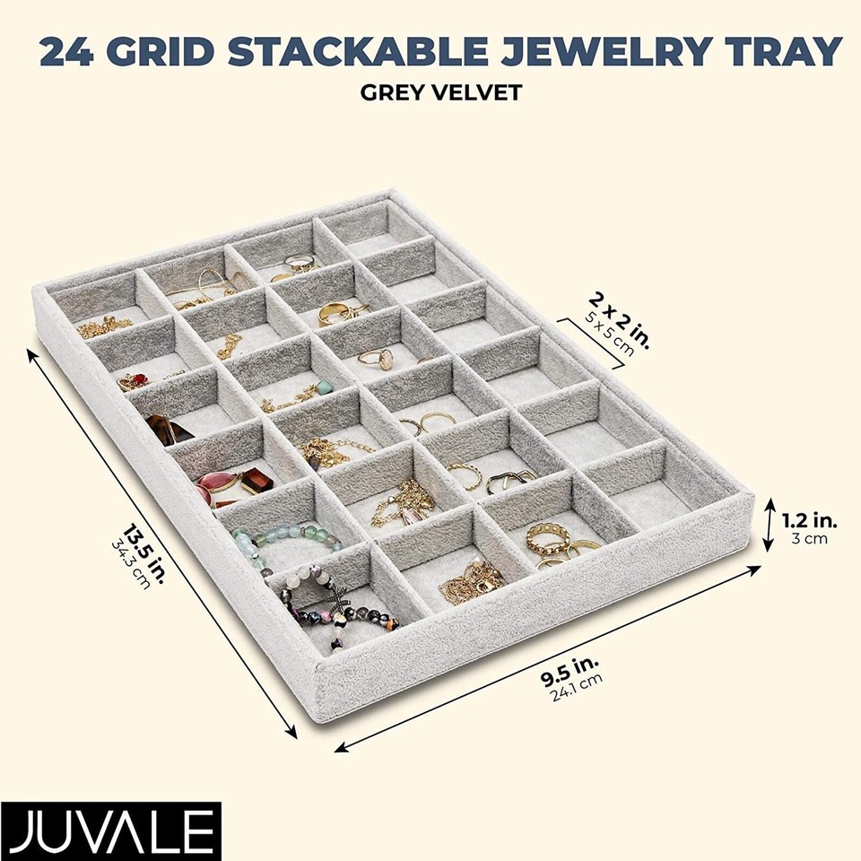 Velvet Jewelry Tray, Stackable 24 Grid Organizer (Gray, 14x10 in) | eBay