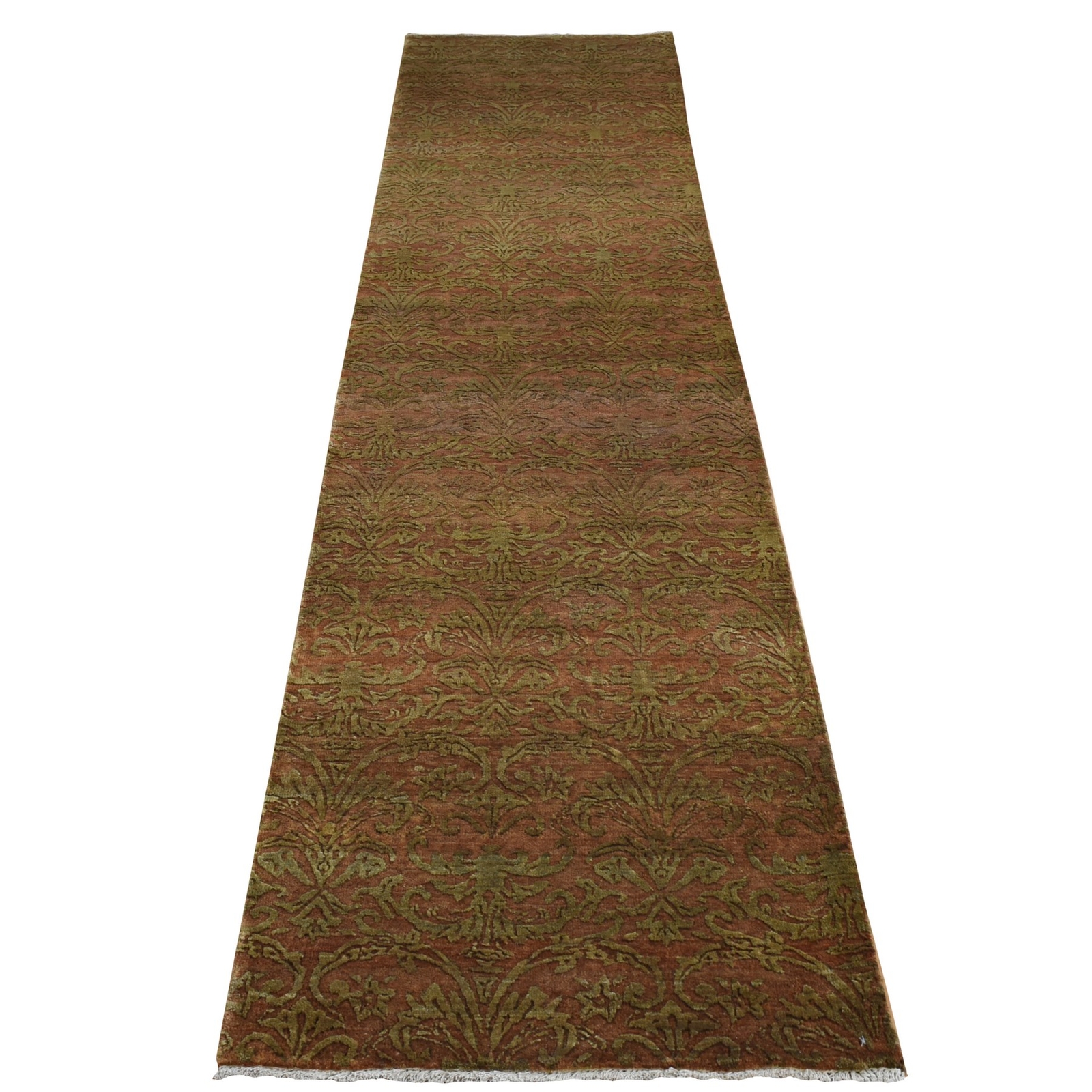 2'5"x11'4" Brown Abarasque Design Wool and Silk Hand Knotted Runner Rug ...