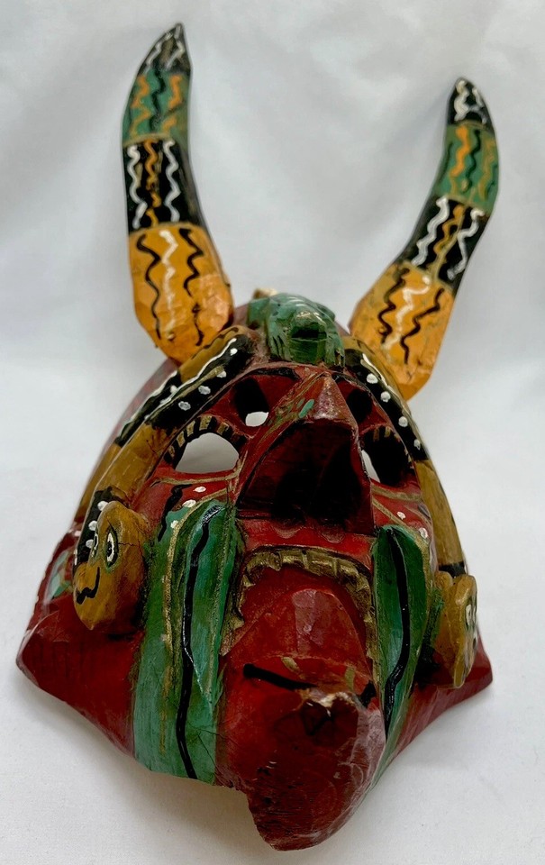 17” Face Mask Hand Carved Wood Red Devil Satan Demon Horns Snake ...