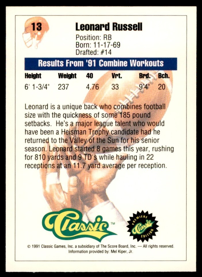 1991 Classic Draft Picks Leonard Russell . Arizona State Sun Devils #13 ...