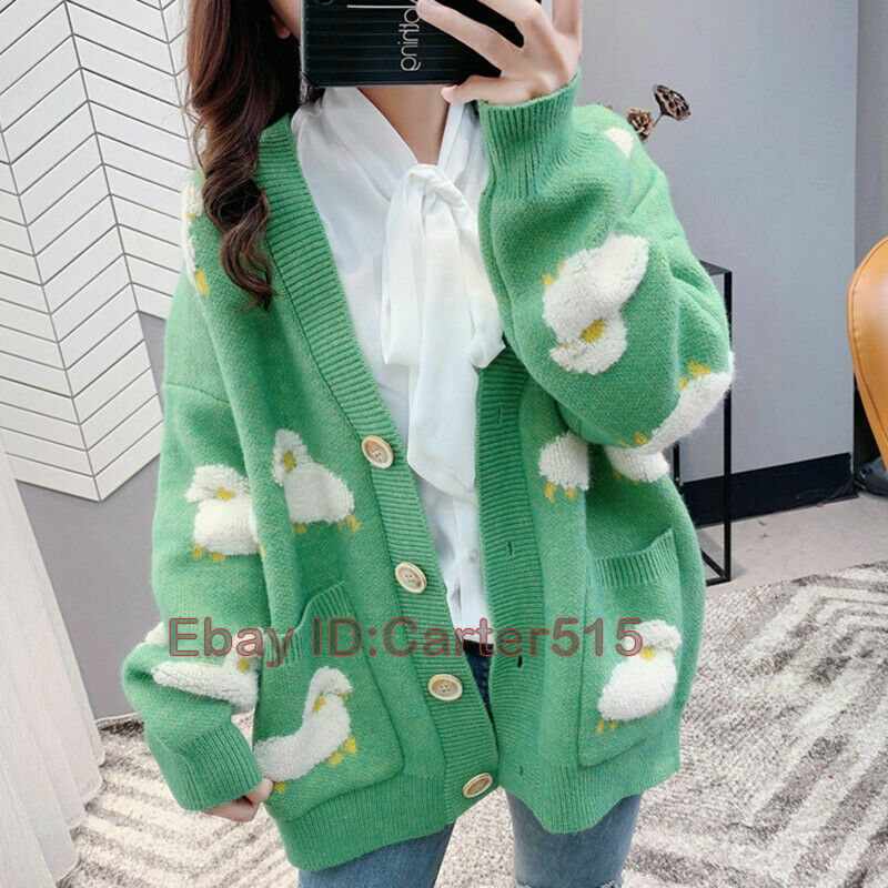 Women Jacket Loose Knit Sweater Cute Cartoon Print V Neck knitted ...