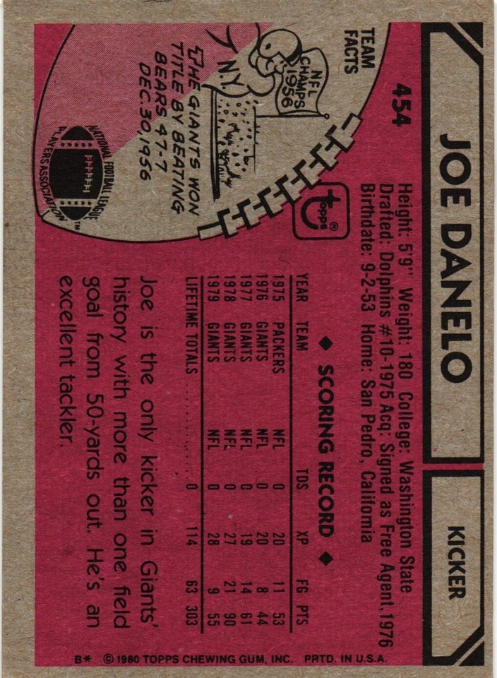 Joe Danelo #454 Signed 1980 Topps NFL Football Card AUTO Giants | eBay