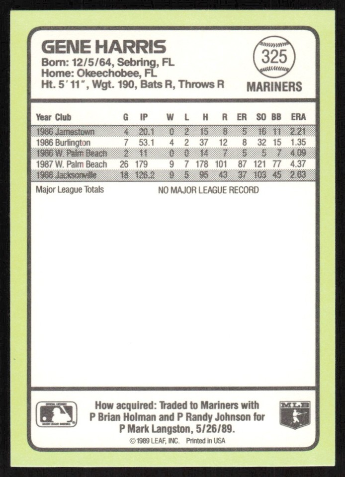 1989 Donruss Baseball's Best Gene Harris #325 Seattle Mariners | eBay