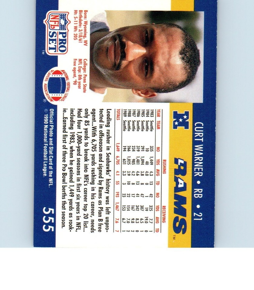 Curt Warner 555 Rams 1990 Pro Set NFL Football Trading Card | eBay