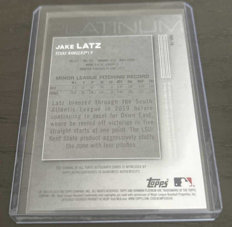 2020 Bowman Platinum Top-78 RC Auto Jake Latz Texas Rangers Free ...