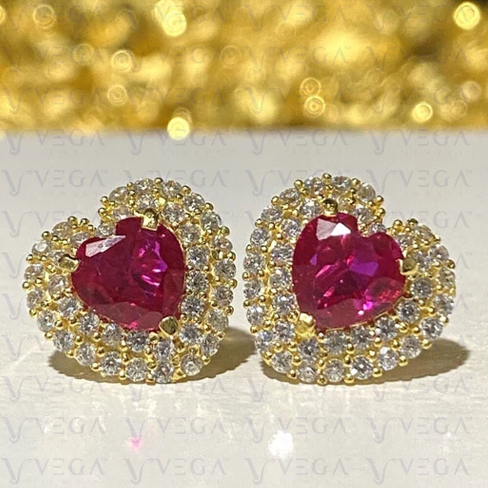 3.63Ct Heart Cut Natural Pink Ruby & Diamond Stud Earring 14K Solid ...